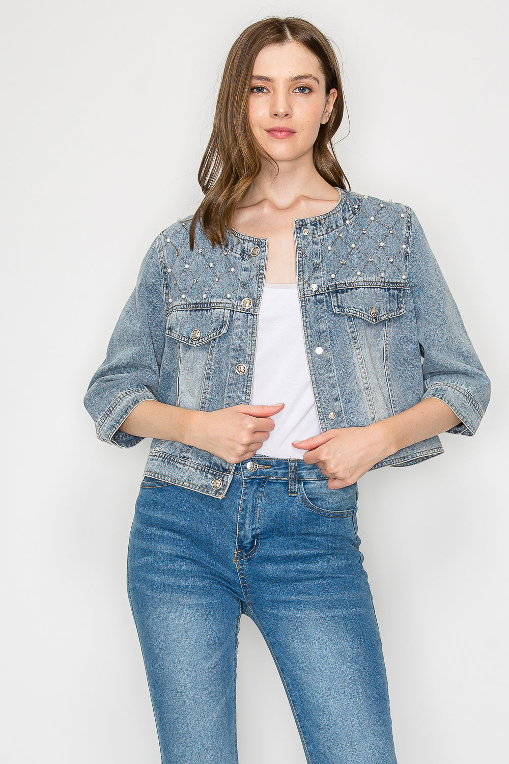 Daphne Denim Jacket with Studs & Pearls